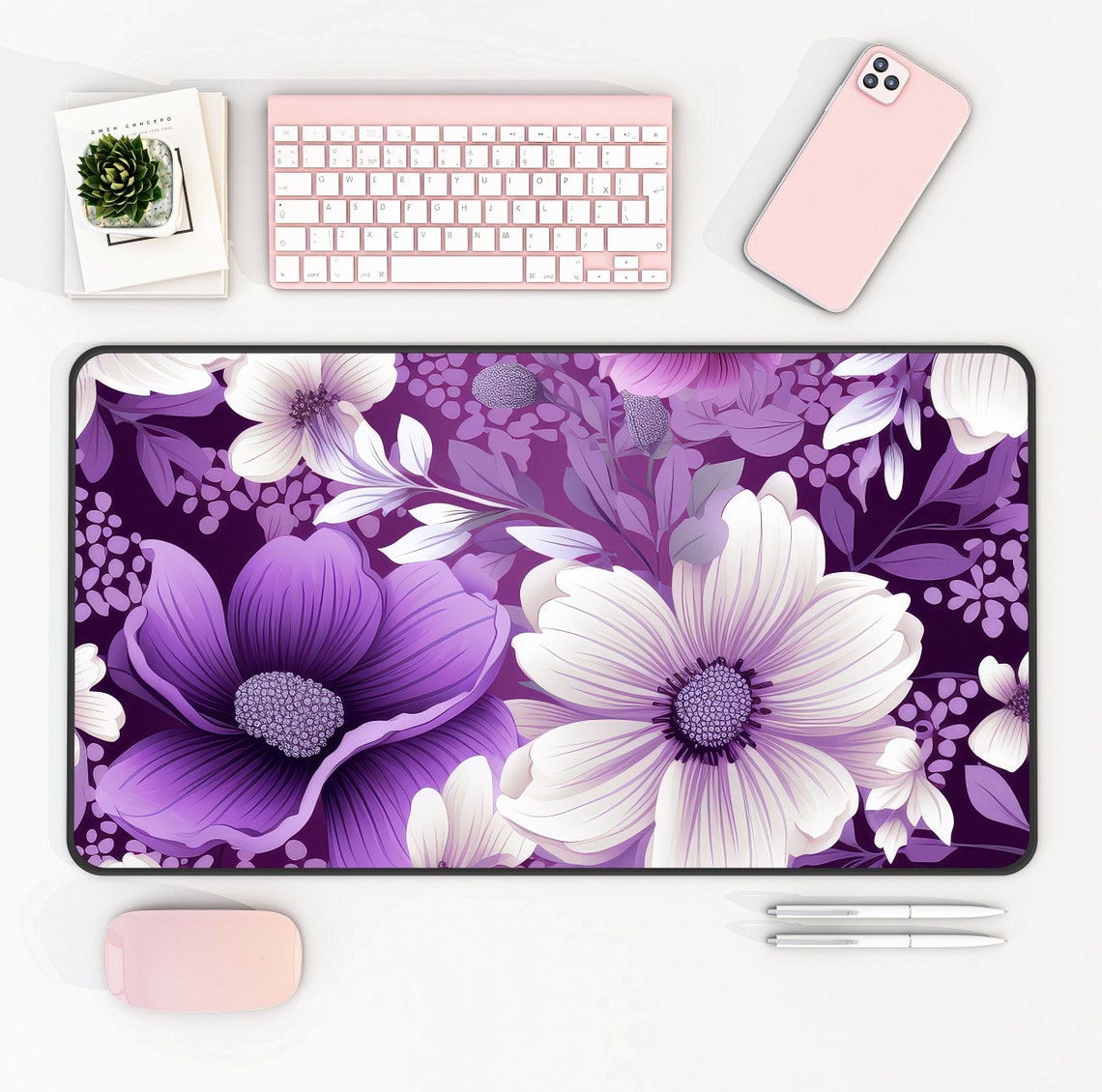 Flower Desk Mat, Purple Desk Aesthetic, Floral Desk Pad, Floral Desk ...