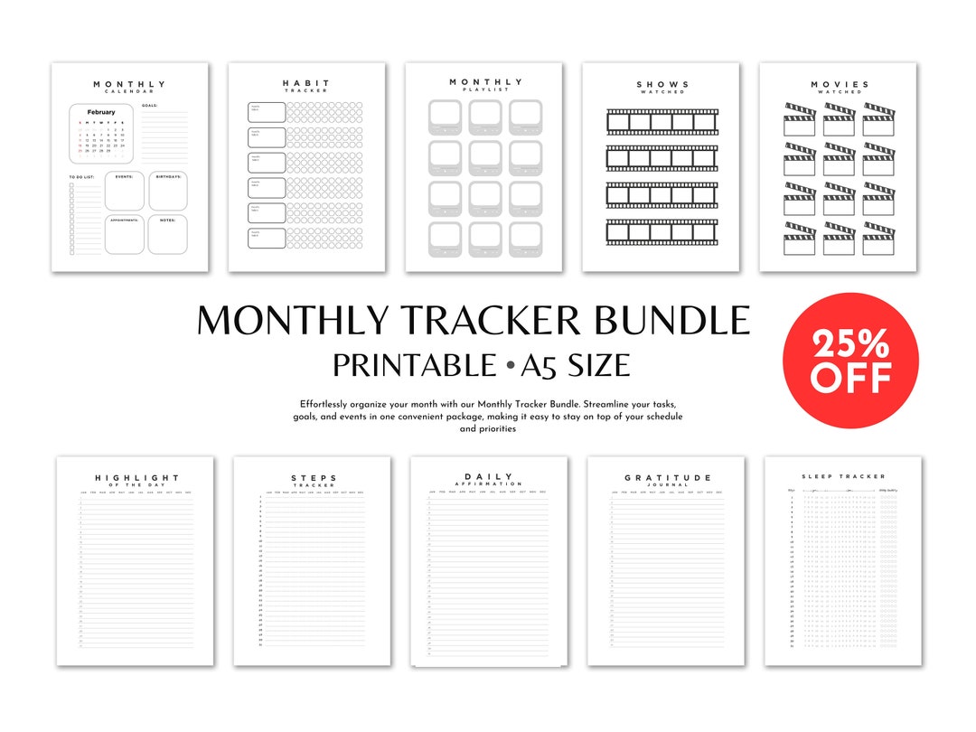 MONTHLY TRACKERS BUNDLE Printable value Pack: Fitness Planner Highlight ...