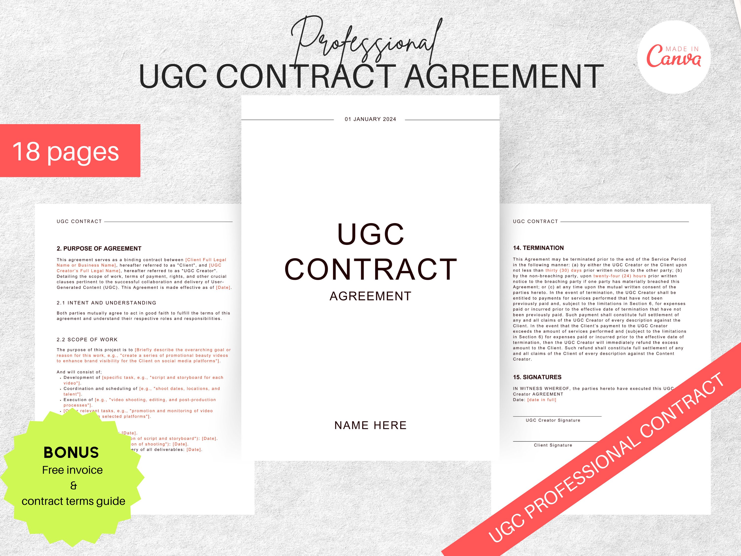Simple UGC Contract Template for UGC Creator Professional Influencer ...