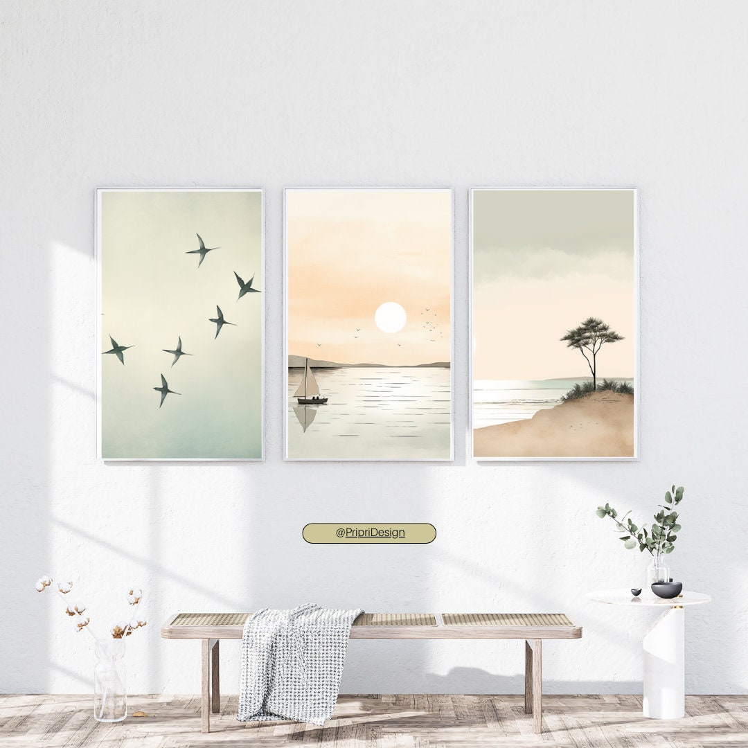 Simple Beach Landscape Set/vintage Minimalist Beach Scene Digital ...