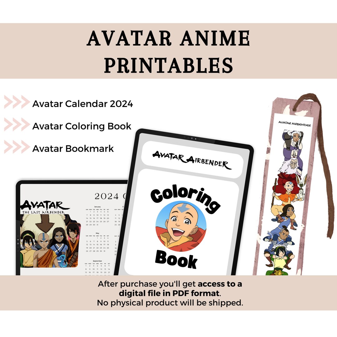 Avatar Anime Printable, Avatar Coloring Book, Bookmark, 2024 Calendar ...