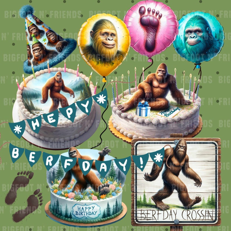 Watercolor Bigfoot Birthday Clip Art Bundle | 43 Pngs | Decorations ...