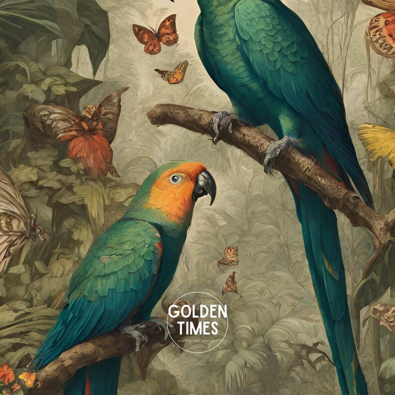 1865 Parrots and Butterflies in the Jungle, Color Lithograph, Rustic ...