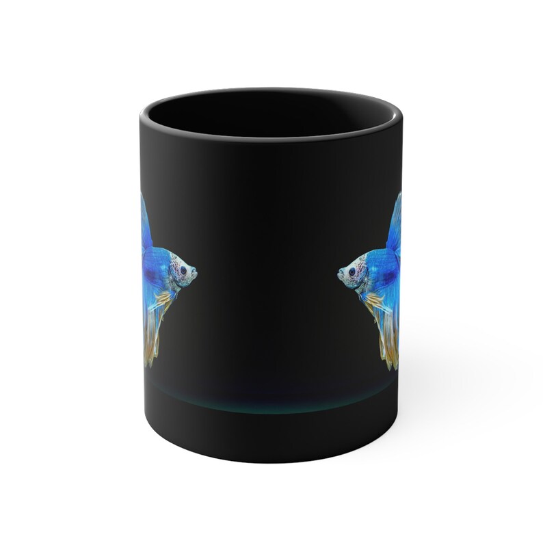 Blue & Yellow Betta Fish Mug Elegant Aquarium Decor on Black Coffee Cup ...