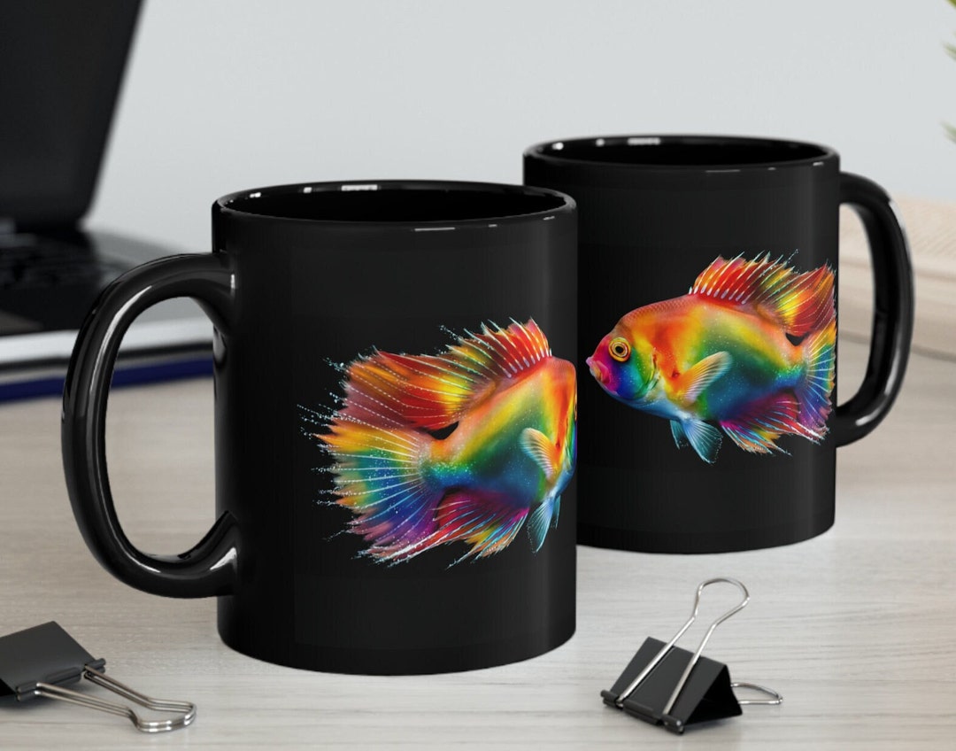 Vibrant Rainbow Oscar Fish Design Art Ceramic Mug Colorful Aquatic Life ...