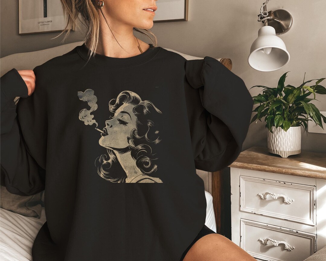 Vintage Graphic Cigarette Smoking Sweatshirt, Trendy Retro Sweater ...
