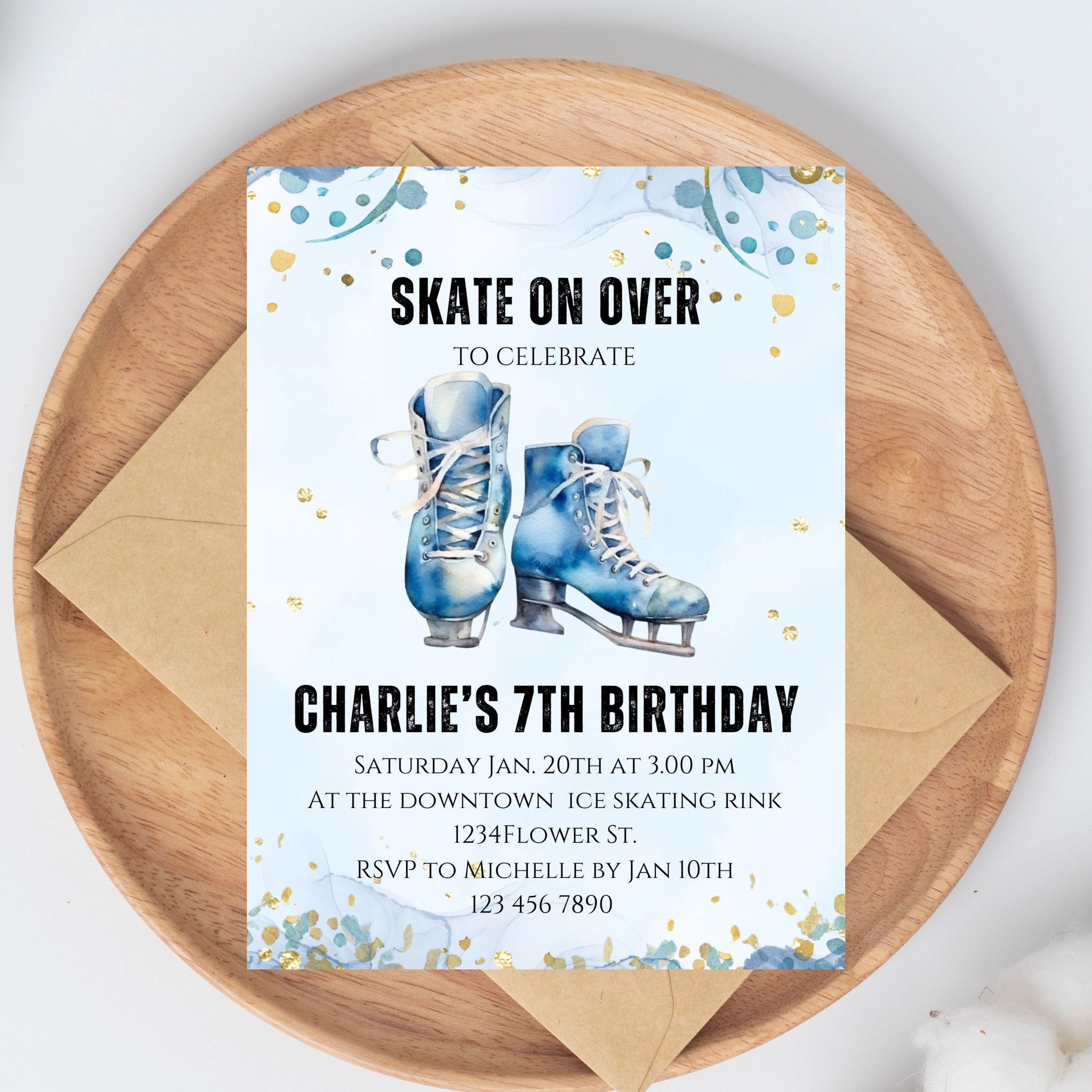 Ice-skating Birthday Party Invitation, Girls Blue Gold Winter Party ...