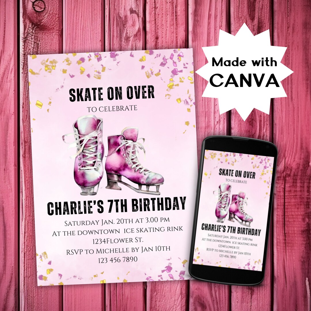 Ice-skating Birthday Invitation, Girls Pink Gold Winter Bday Invite ...