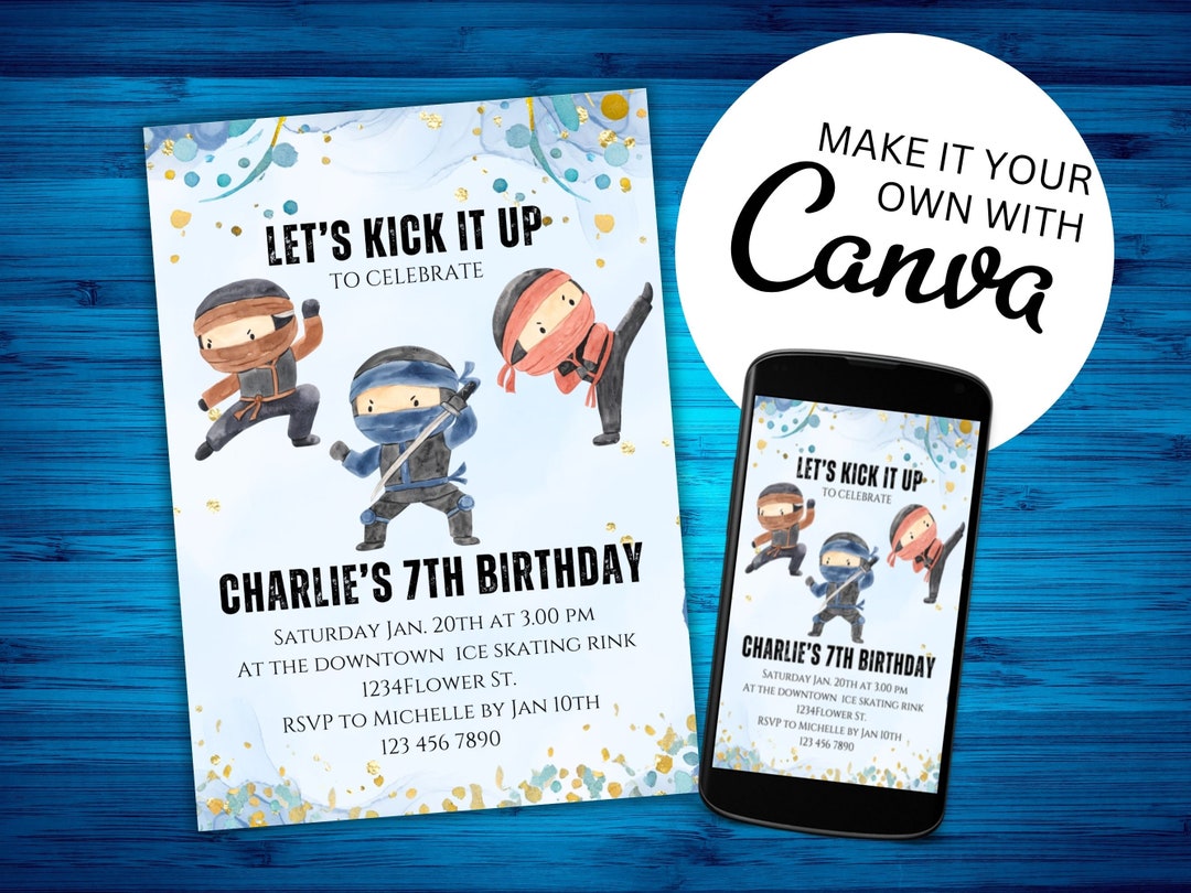 Cute Ninja Kids Birthday Invitation, Canva Editable Bday Invitation ...