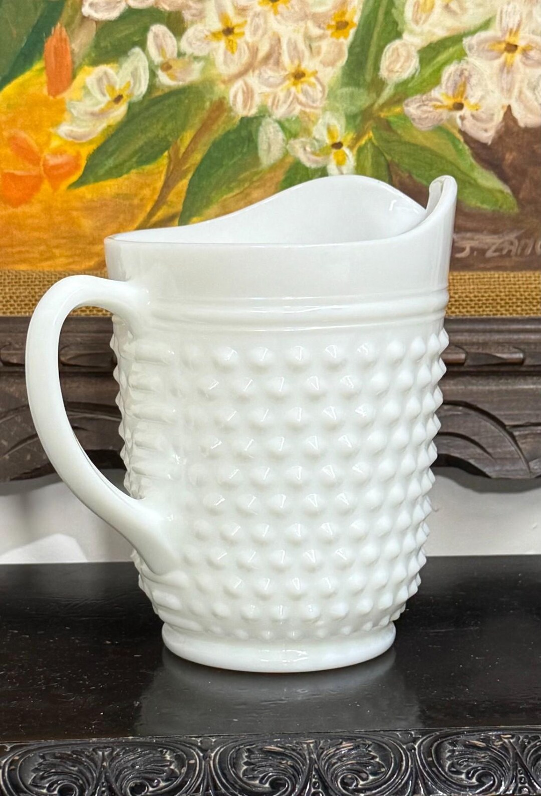 Vintage White Hobnail Milk Glass Pitcher Large 8