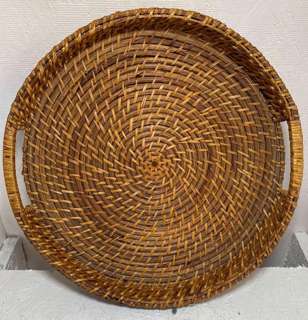 Vintage Rattan Wicker Serving Tray Round With Handle Woven Boho 14 - Etsy