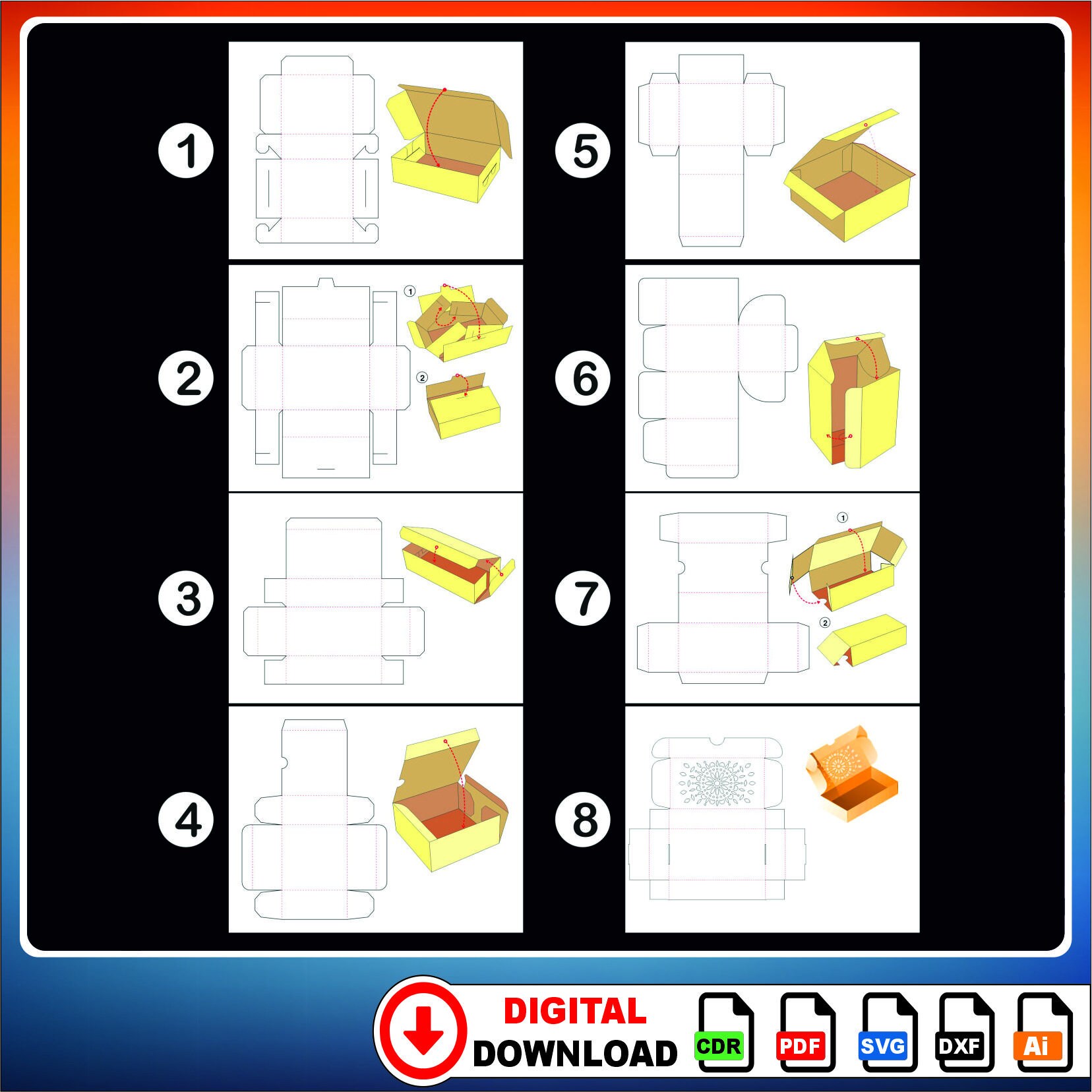 8pcs Cardboard Box - Flat Design Box Die Cutting Template Storage ...