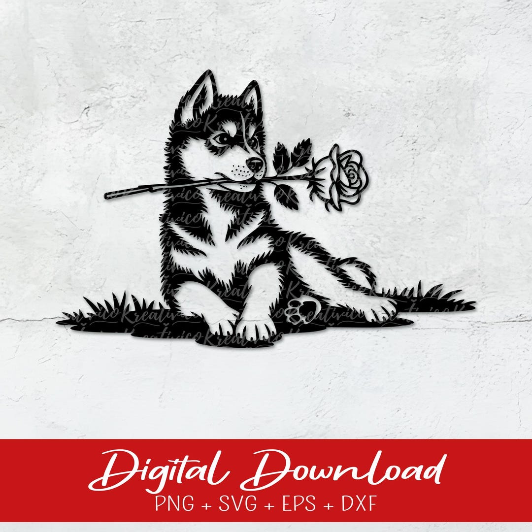 Siberian Husky Puppy With Rose SVG, Siberian Husky Svg, Dog Svg ...