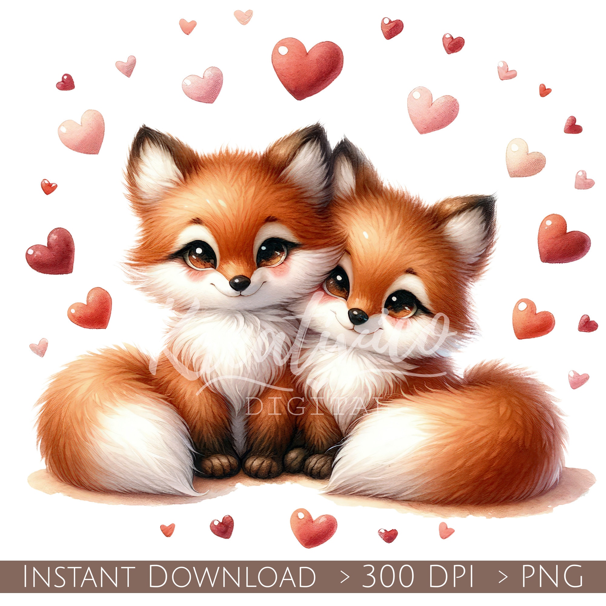 Foxes Heart PNG, Fox Clip Art, Fox Hearts Watercolor Sublimation Design ...