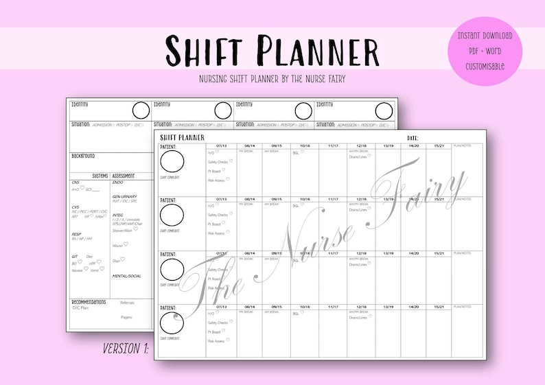 Nurse Shift Planner- Day Shifts (AM + PM) - Hourly Planner and Patient Report. 2 in 1! - Etsy