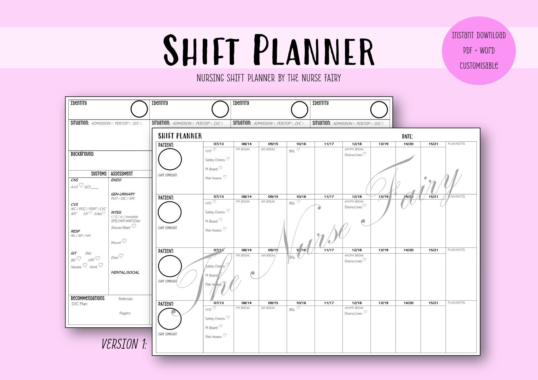 Nurse Shift Planner- Day Shifts (AM + PM) - Hourly Planner and Patient ...