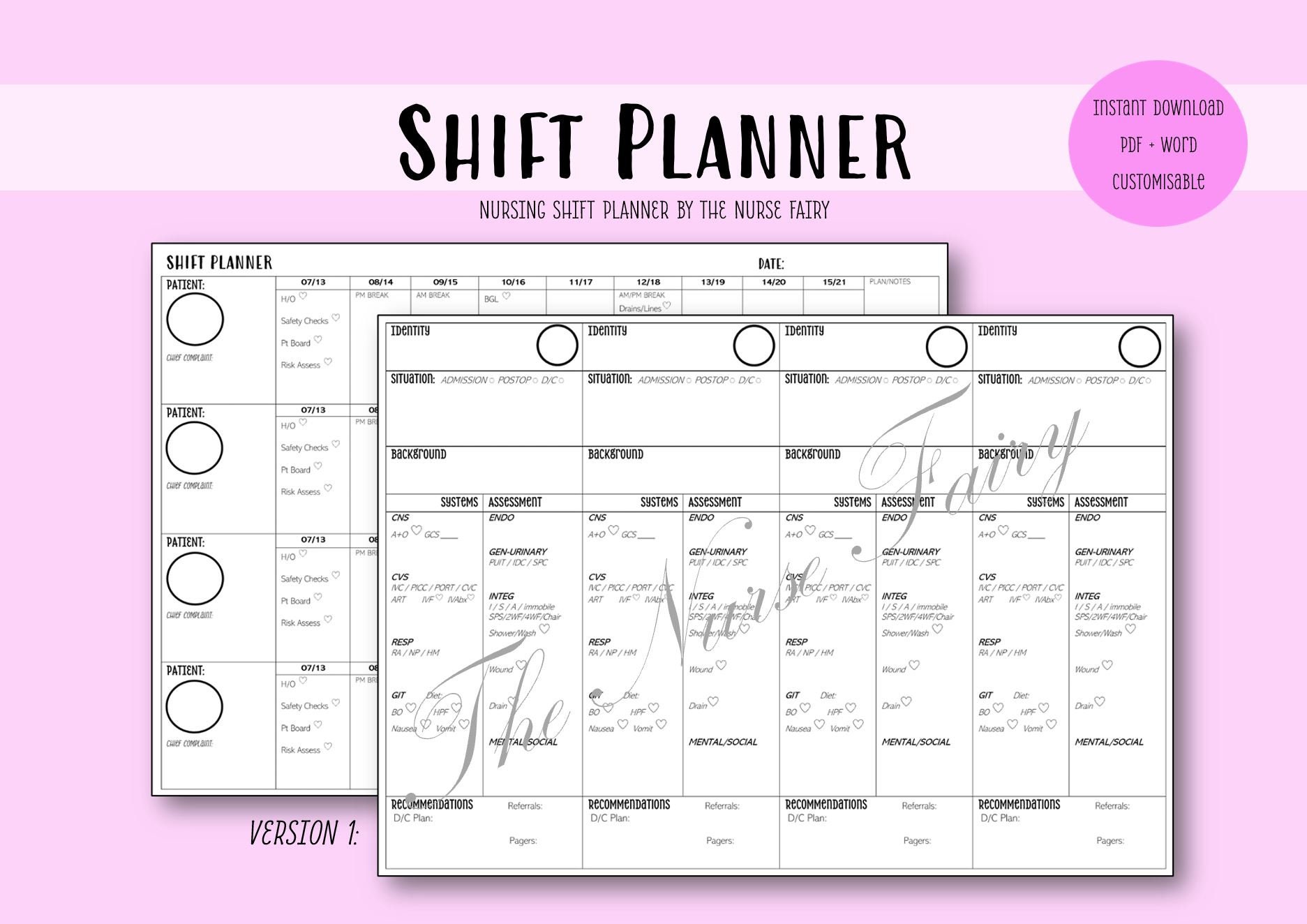 Nurse Shift Planner- Day Shifts (AM + PM) - Hourly Planner and Patient ...