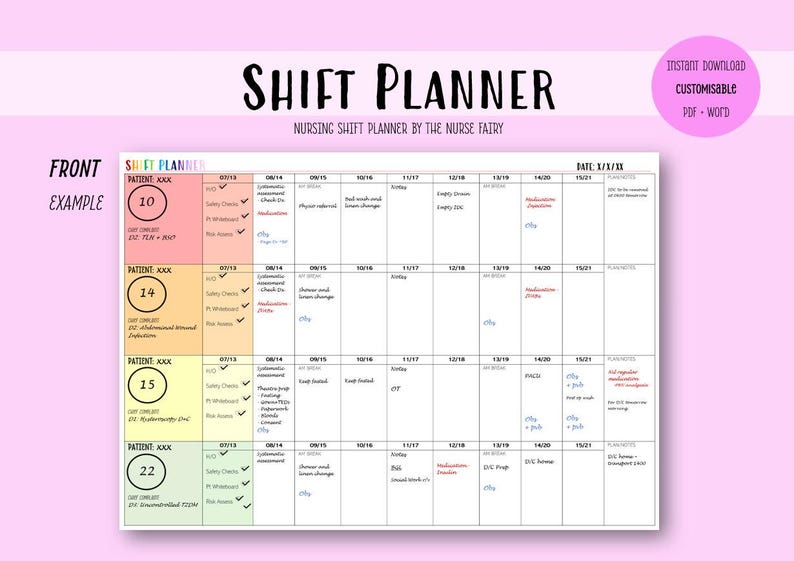 Nurse Shift Planner- Day Shifts (AM + PM) - Hourly Planner and Patient ...