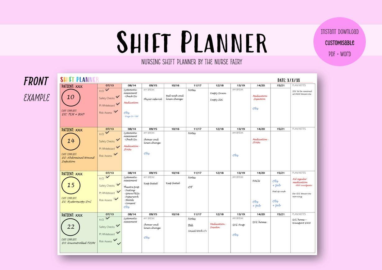 Nurse Shift Planner- Day Shifts (AM + PM) - Hourly Planner and Patient ...