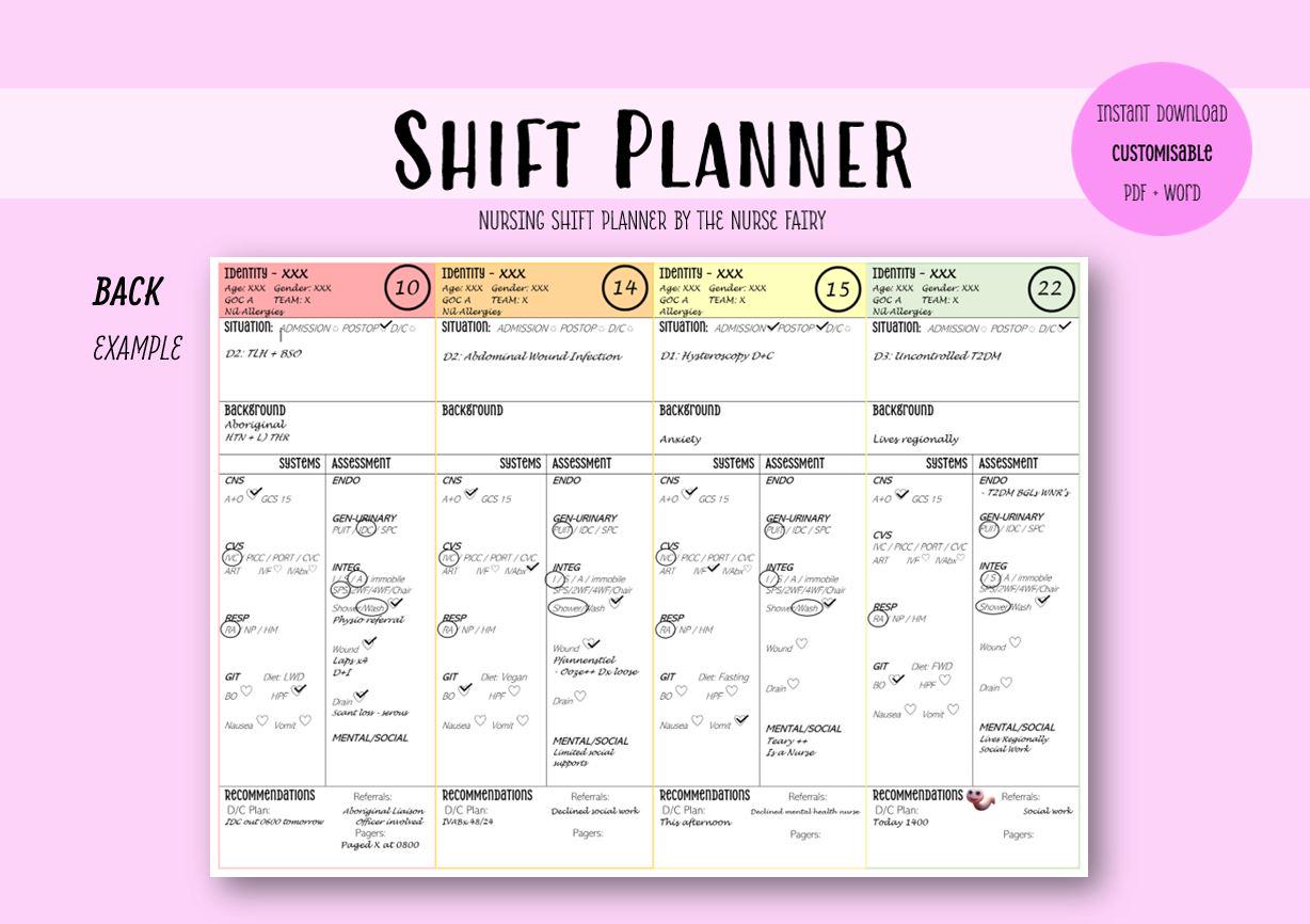 Nurse Shift Planner- Day Shifts (AM + PM) - Hourly Planner and Patient ...