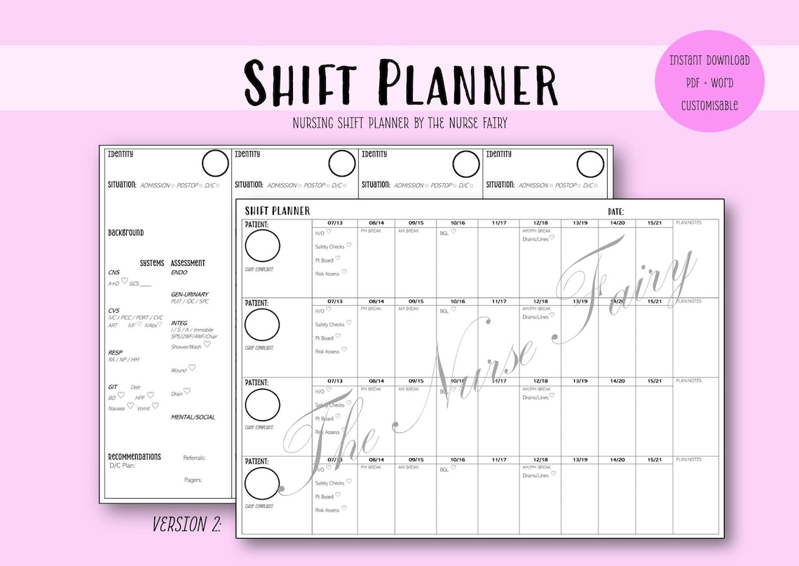 Nurse Shift Planner Day Shifts AM PM Hourly Planner and Patient Report ...