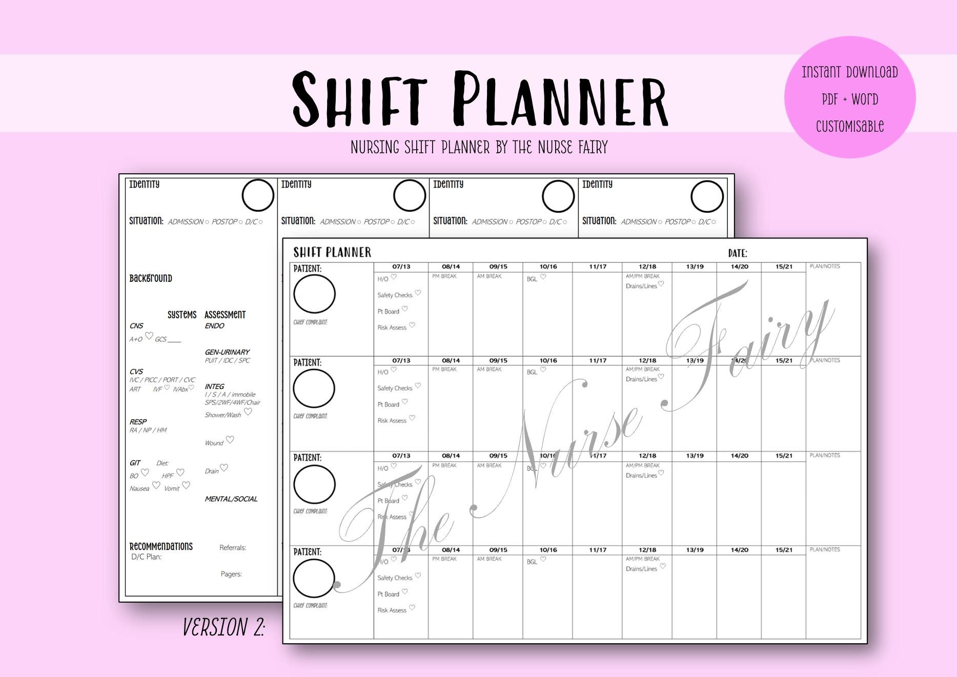 Nurse Shift Planner- Day Shifts (AM + PM) - Hourly Planner and Patient ...
