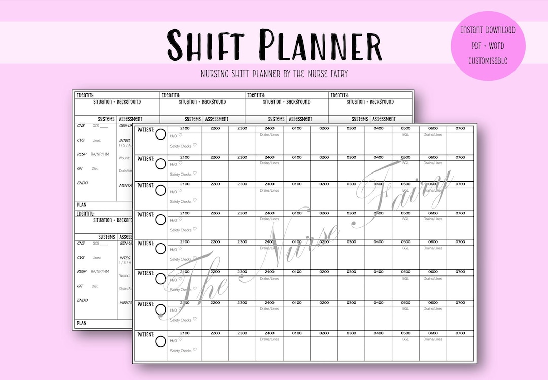 Nurse Shift Planner- Night Shift - Hourly Planner and Patient Report. 2 ...