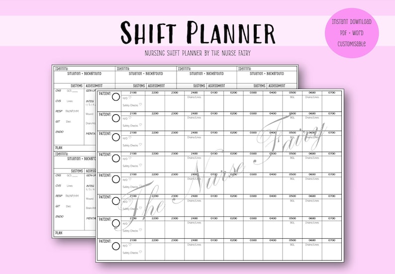 Nurse Shift Planner- Night Shift - Hourly Planner and Patient Report. 2 ...