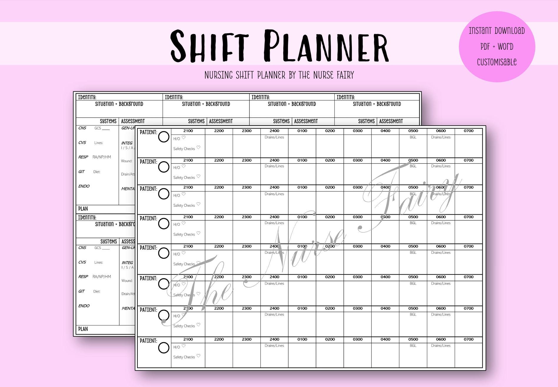 Nurse Shift Planner- Night Shift - Hourly Planner and Patient Report. 2 ...