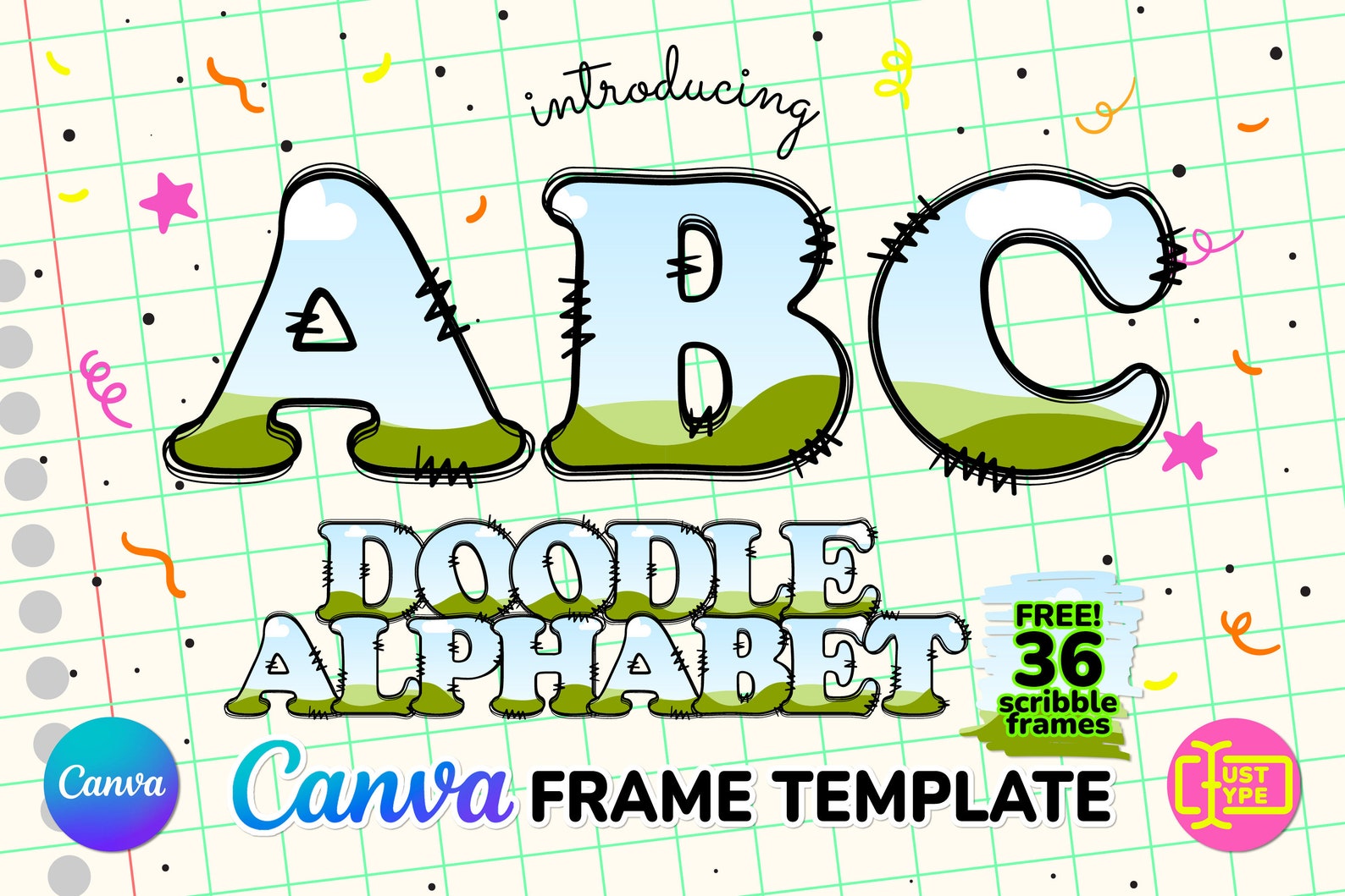 Retro Doodle Alphabet Canva Frame Template | Editable Vintage A-Z Canva ...