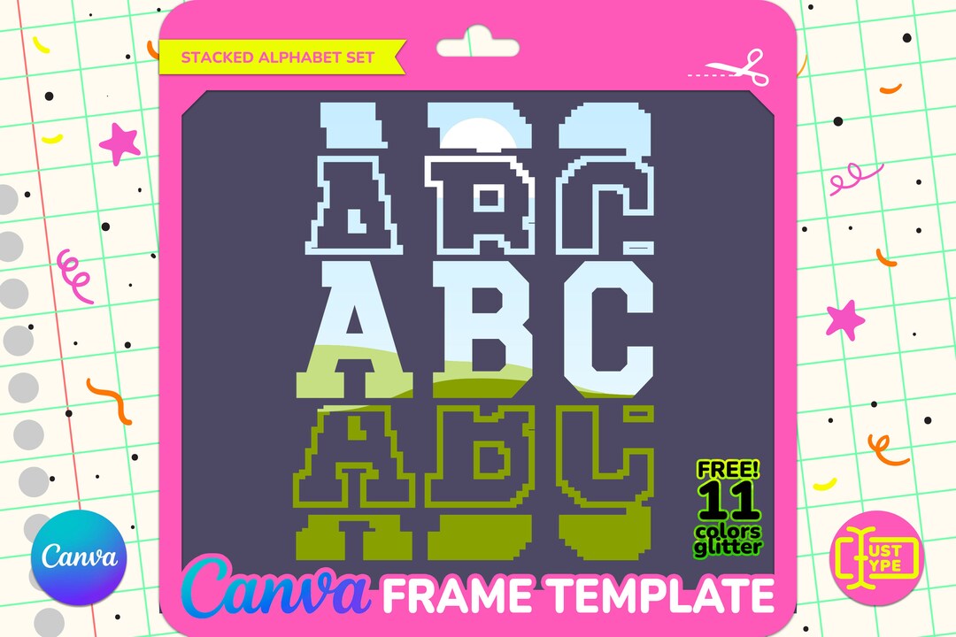 Pixel Stacked Alphabet Canva Frame Template | Editable Digital Stacked ...