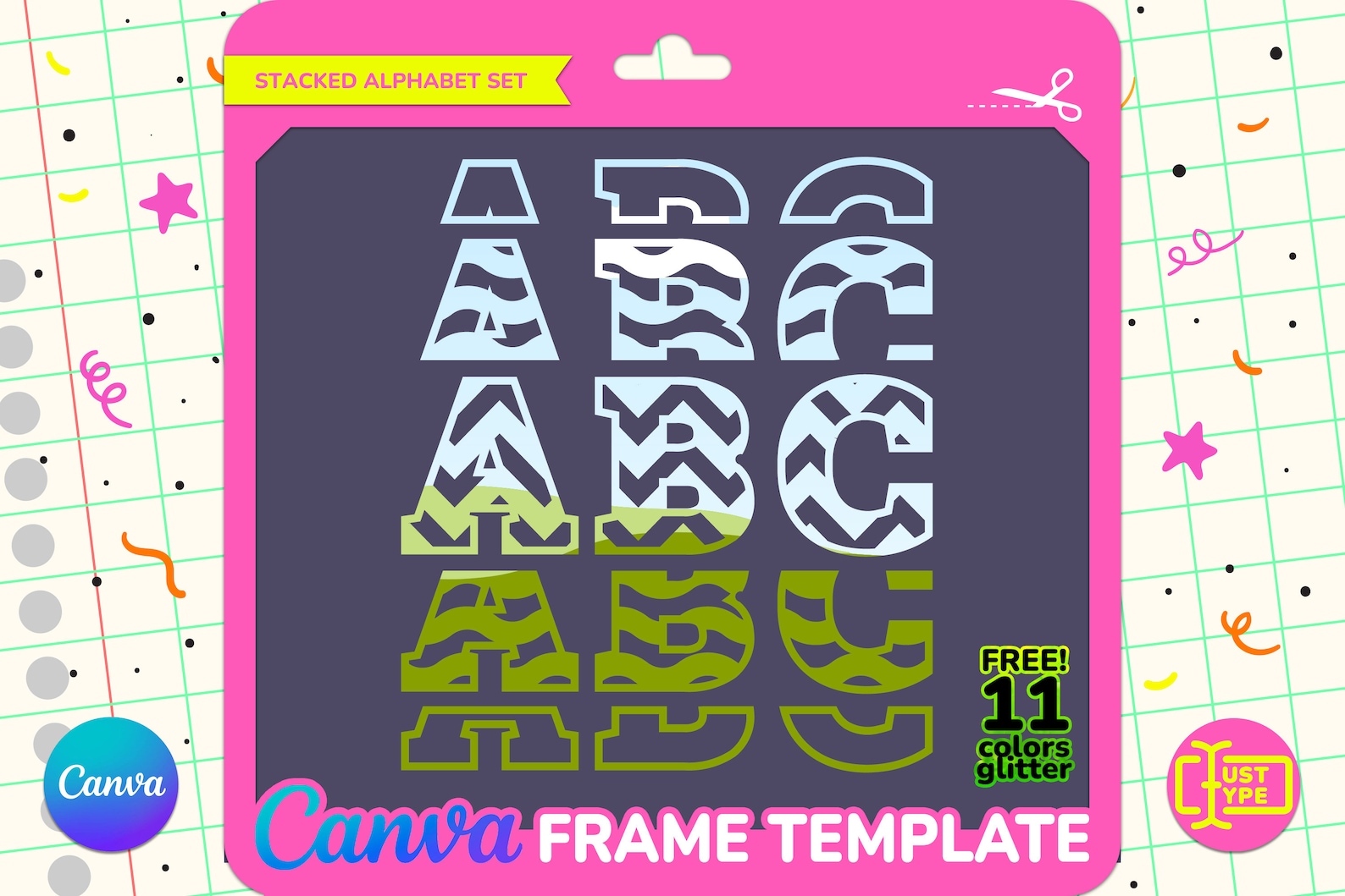 Sporty Stacked Alphabet Canva Frame Template Editable Varsity Stacked ...