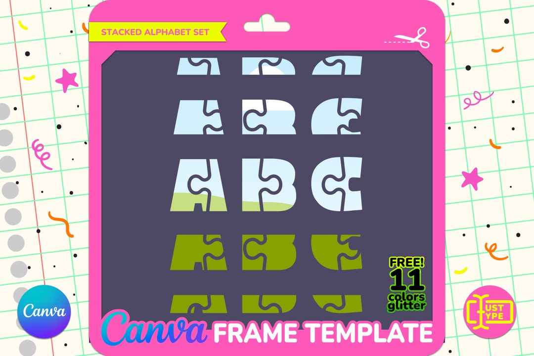 Jigsaw Stacked Alphabet Canva Frame Template | Editable Puzzle Stacked ...
