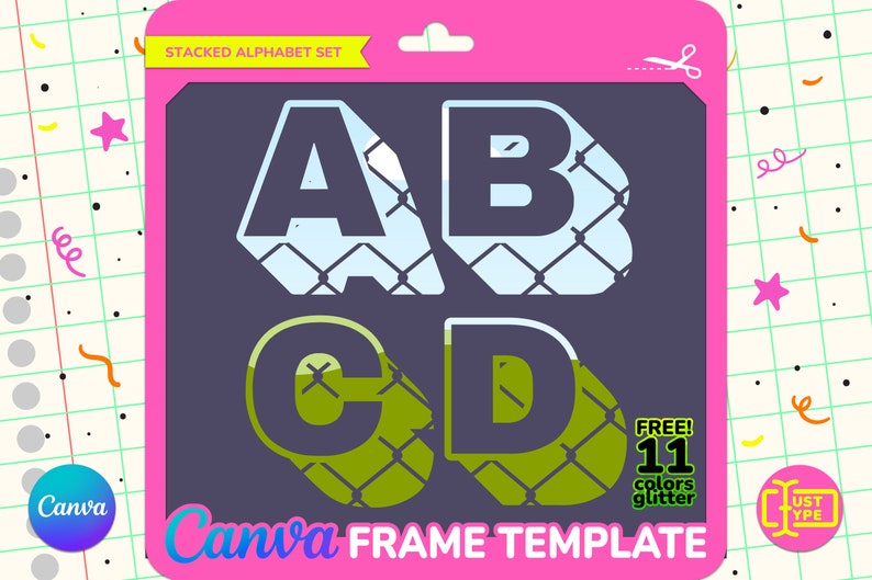Mesh Stacked Alphabet Canva Frame Template | Editable Net Stacked ...
