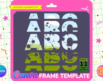 Diagon Pattern Stacked Alphabet Canva Frame Template Editable Slant ...