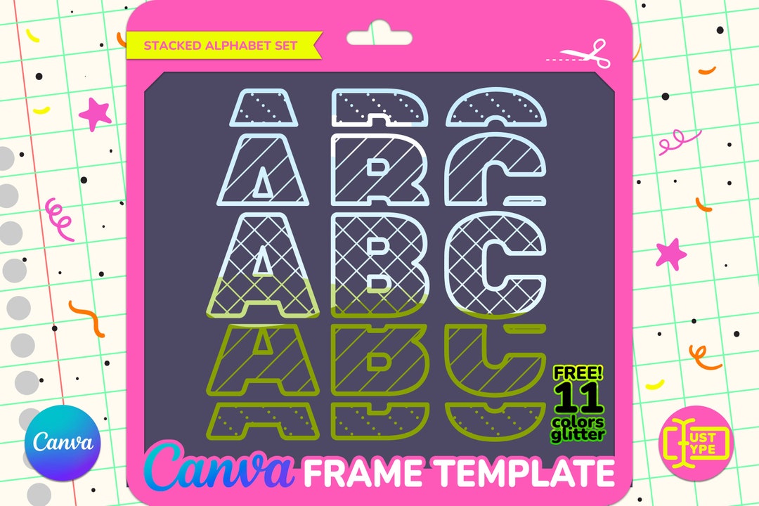 Diagon Pattern Stacked Alphabet Canva Frame Template | Editable Slant ...