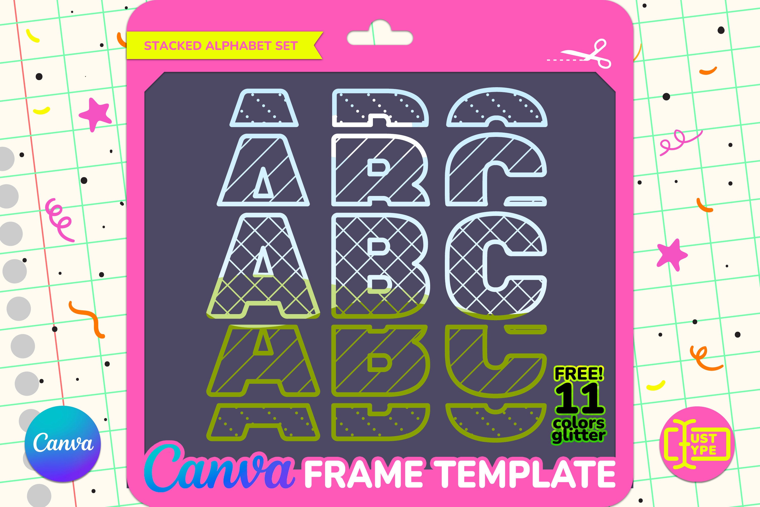 Diagon Pattern Stacked Alphabet Canva Frame Template | Editable Slant ...