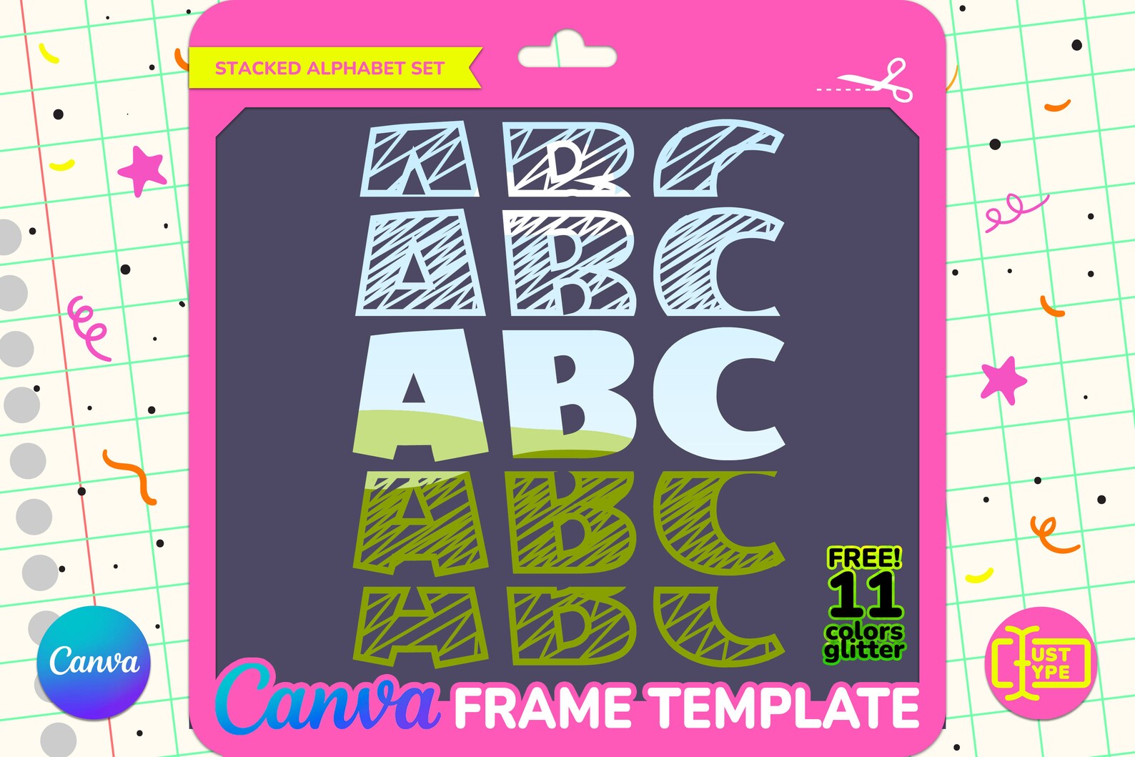 Doodle Stacked Alphabet Canva Frame Template Editable Scribble Stacked ...