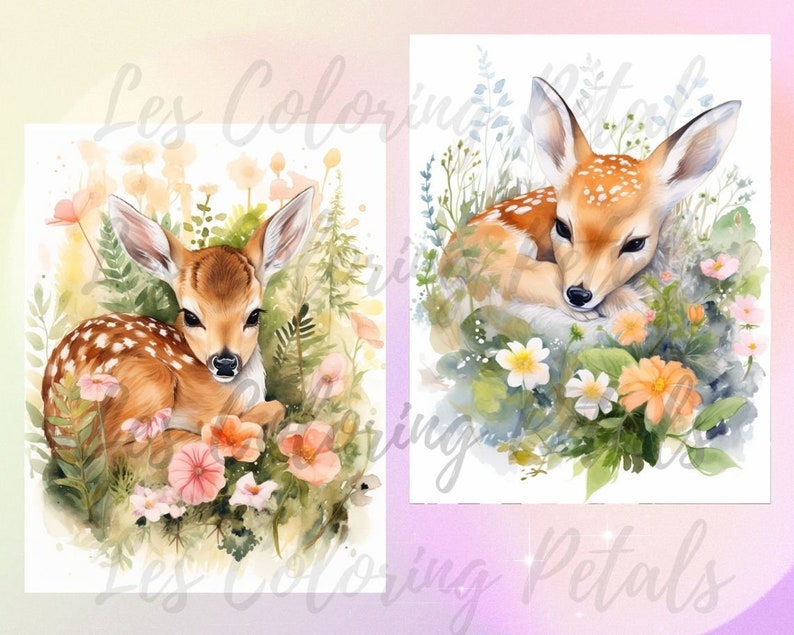Sleepy Fawn With Flowers Clipart, Bemby, Printable Watercolor Clipart ...
