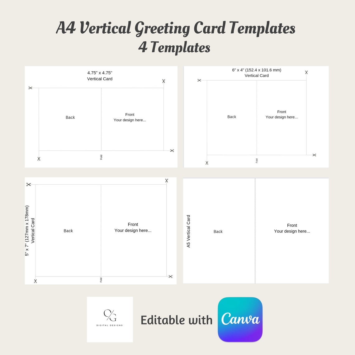 Vertical Greeting Card Template Bundle Blank, Editable Canva Templates ...
