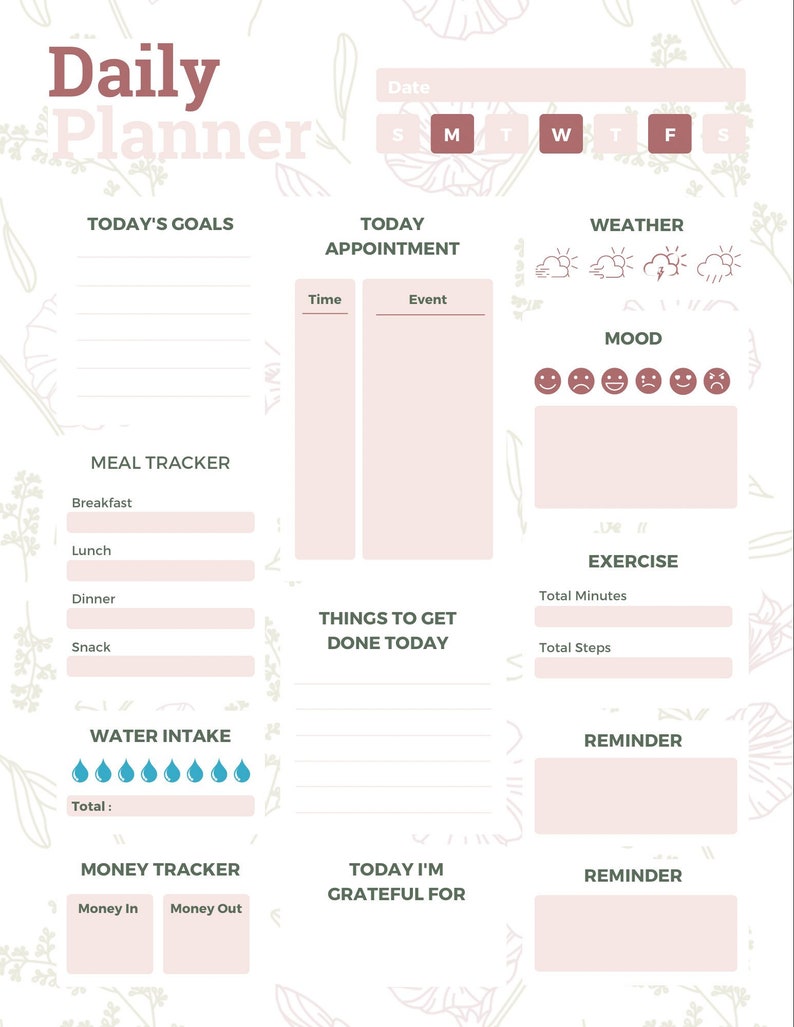 Floral Printable Daily Planner - Etsy