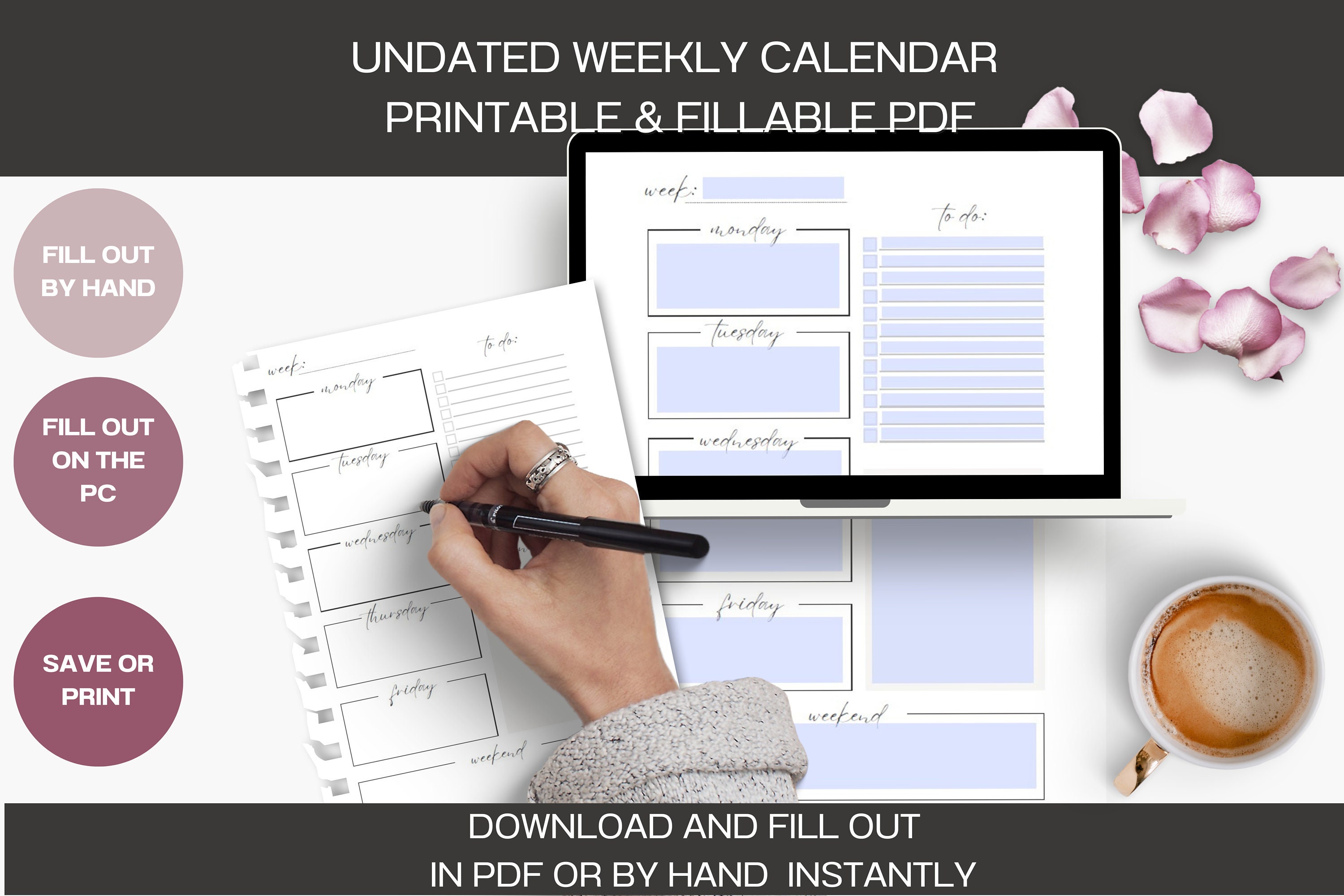 Undated Weekly Calendar Pages Printable & Fillable PDF for Flexible ...