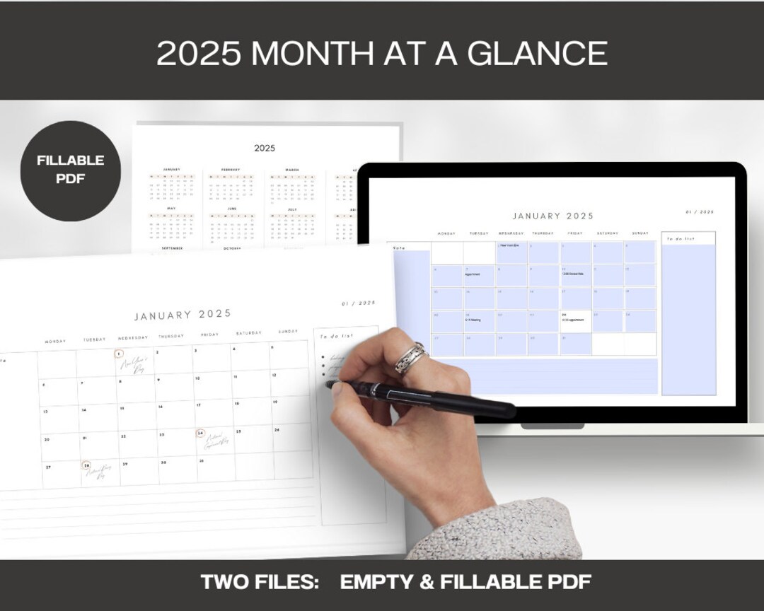 2025 Month at a Glance Fillable PDF Printable Calendar Fillable PDF ...