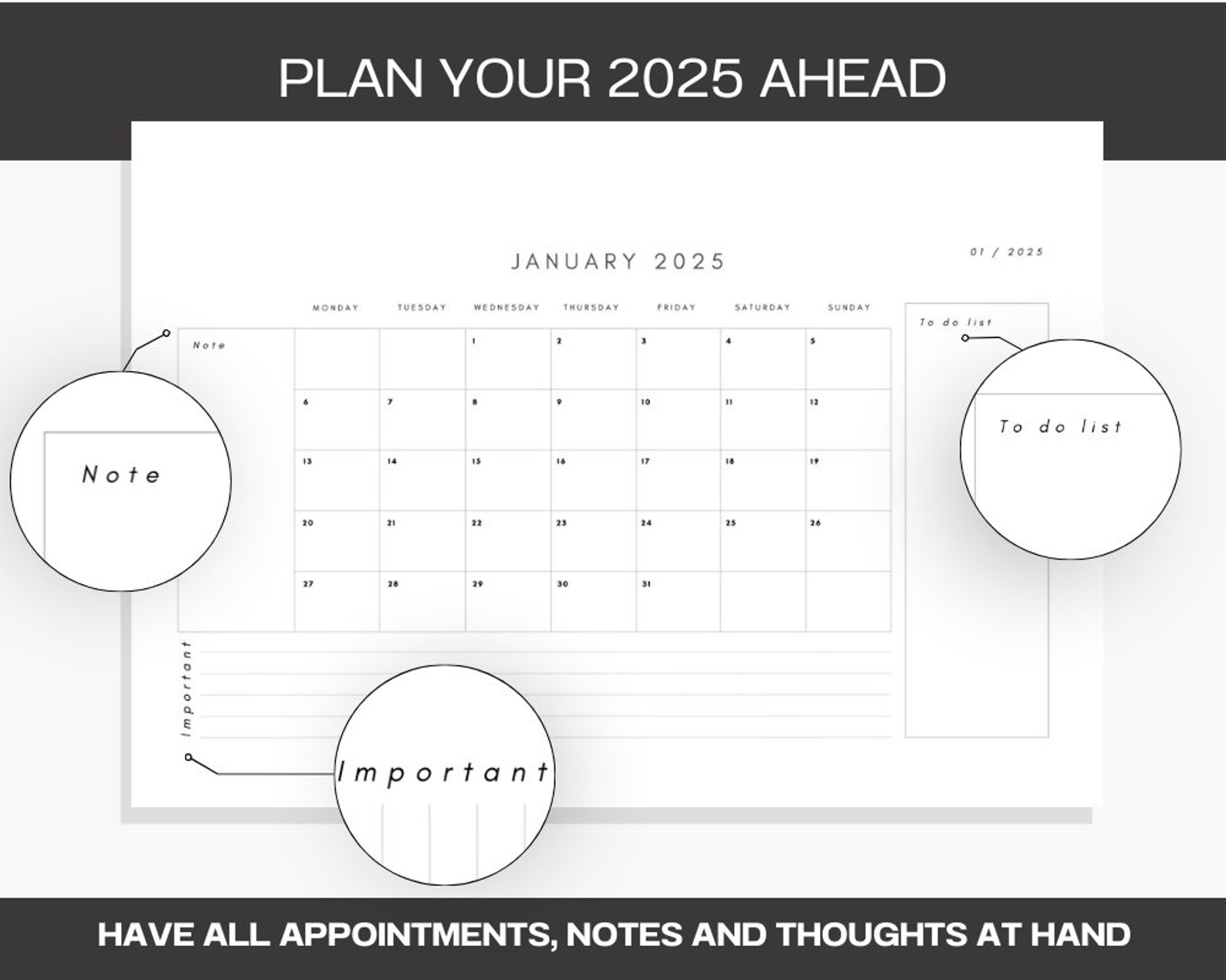 2025 Month at a Glance Fillable PDF Printable Calendar Fillable PDF ...