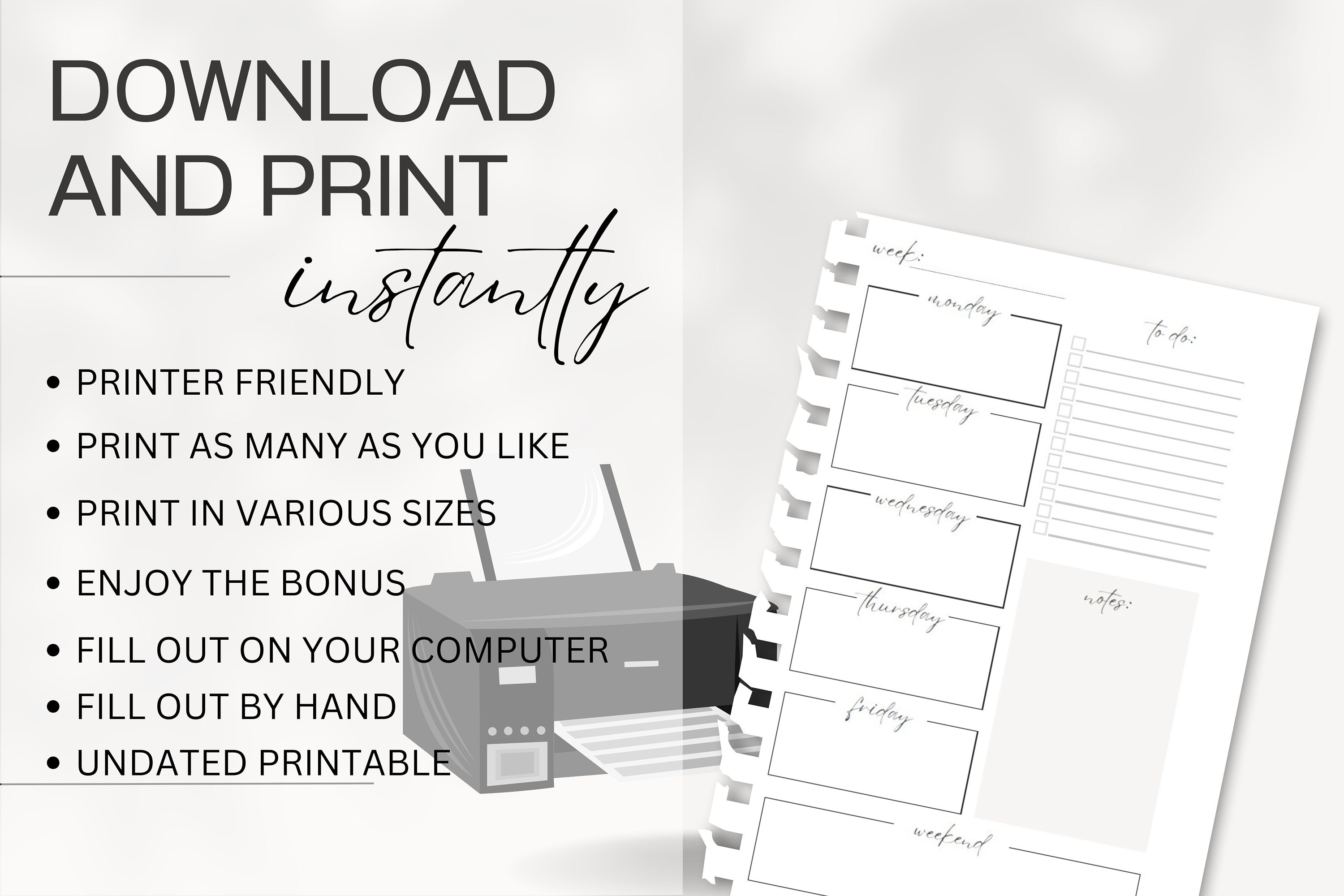 Undated Weekly Calendar Pages Printable & Fillable PDF for Flexible ...