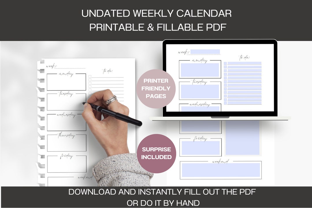 Undated Weekly Calendar Pages Printable & Fillable PDF for Flexible ...