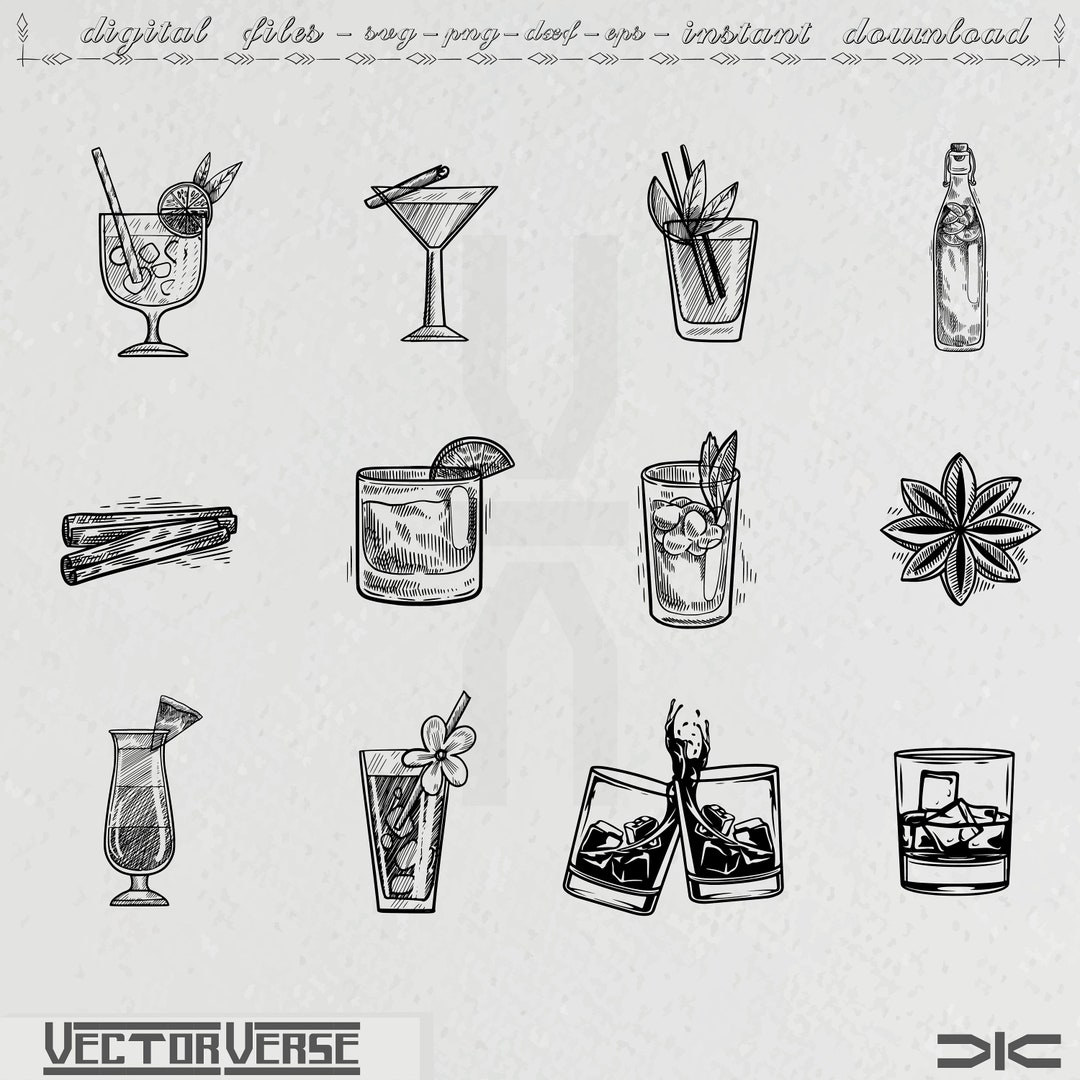 Hand Drawn Drink Illustrations SVG & PNG Files Cocktail Clip Art ...