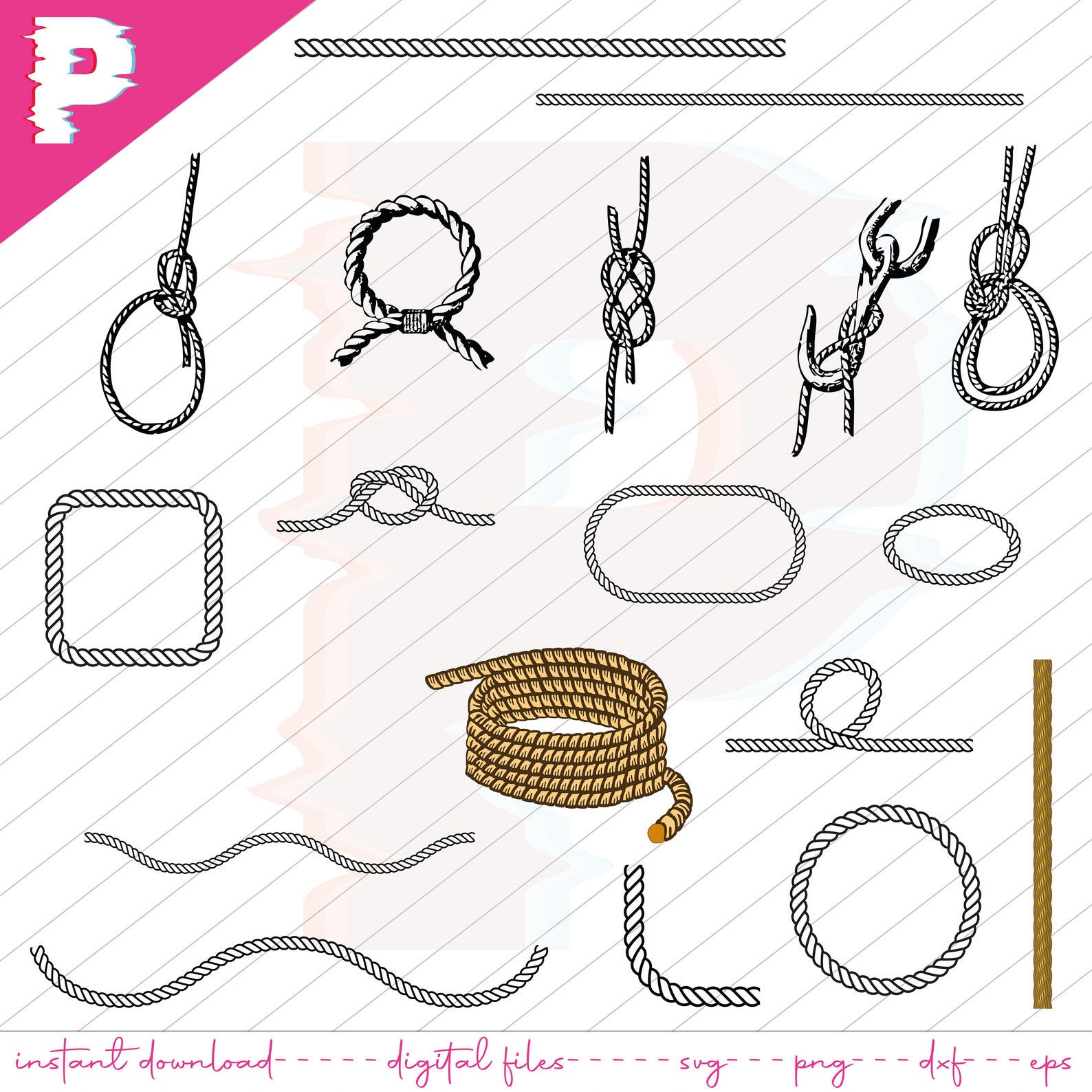 Rope Svg Bundle, Rope Clipart, Rope Frames, Rope Loop Svg, Rope Knot ...