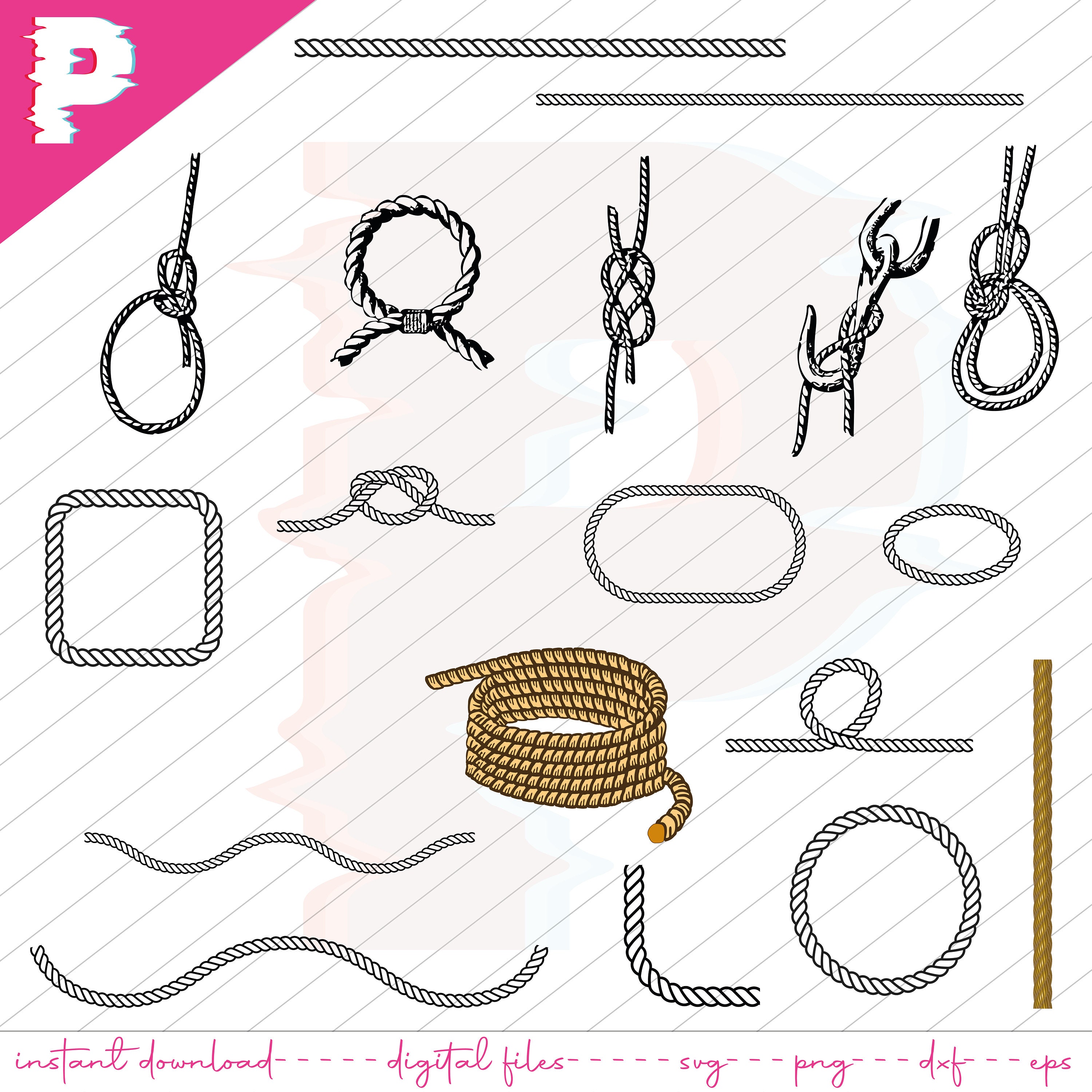 Rope Svg Bundle, Rope Clipart, Rope Frames, Rope Loop Svg, Rope Knot ...