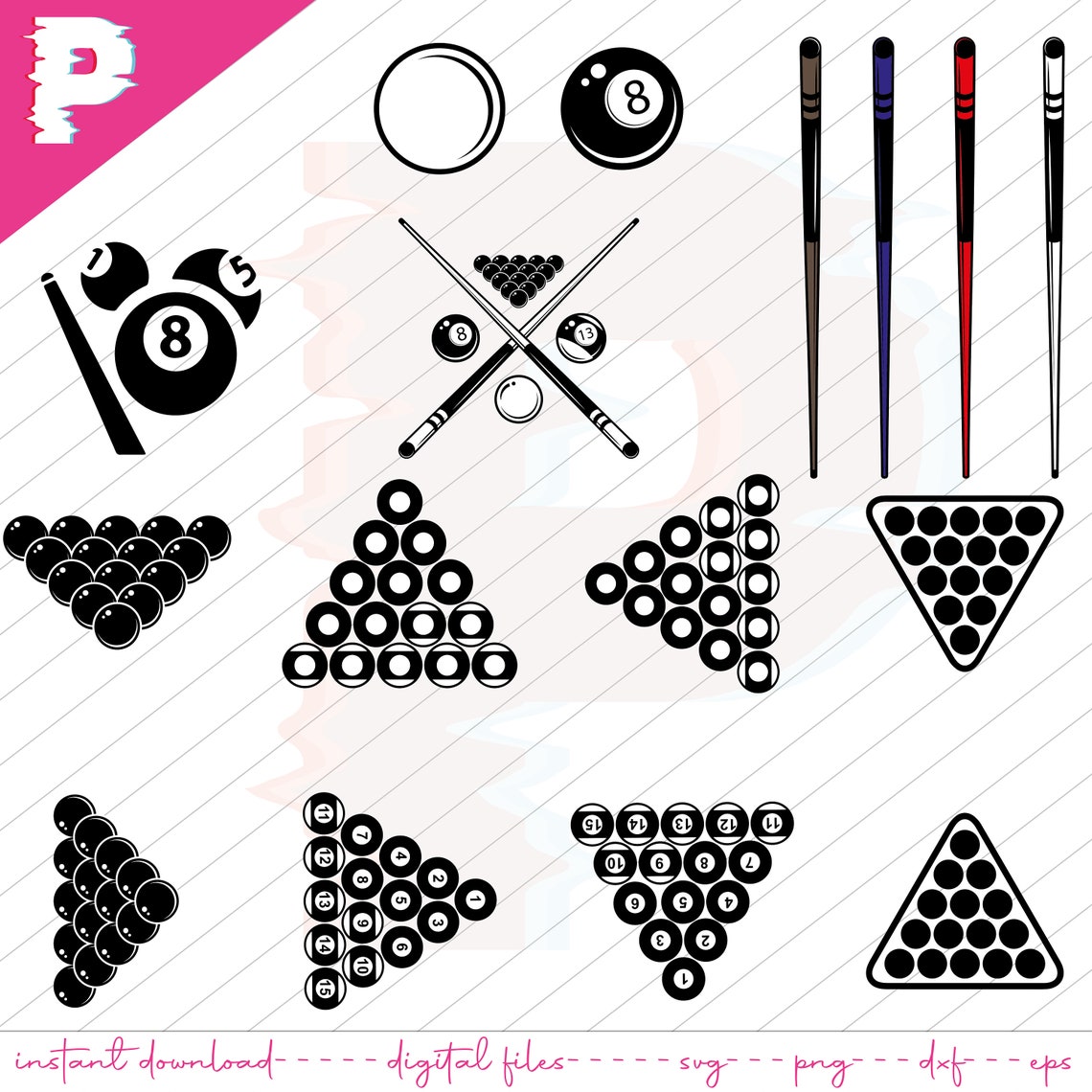 Billiards Svg Bundle, Pool Svg, Rack, Cue, Break, Solids, Stripes ...